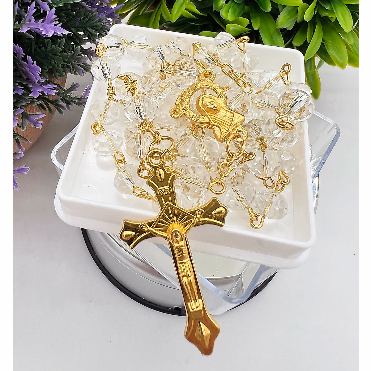 Catholic Our Lady of Guadalupe Crystal Rosary with Medals Rosario De La Virgen De Guadalupe Virgin Mary Prayer Rosary Necklace (White/Gold)