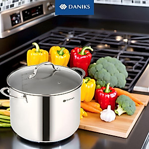 Daniks Professional Stainless Steel Stockpot with Lid 8 Qt | Large Stock Pot for Soup, Stew, Pasta, Vegetables | Induction Deep Cooking Pot