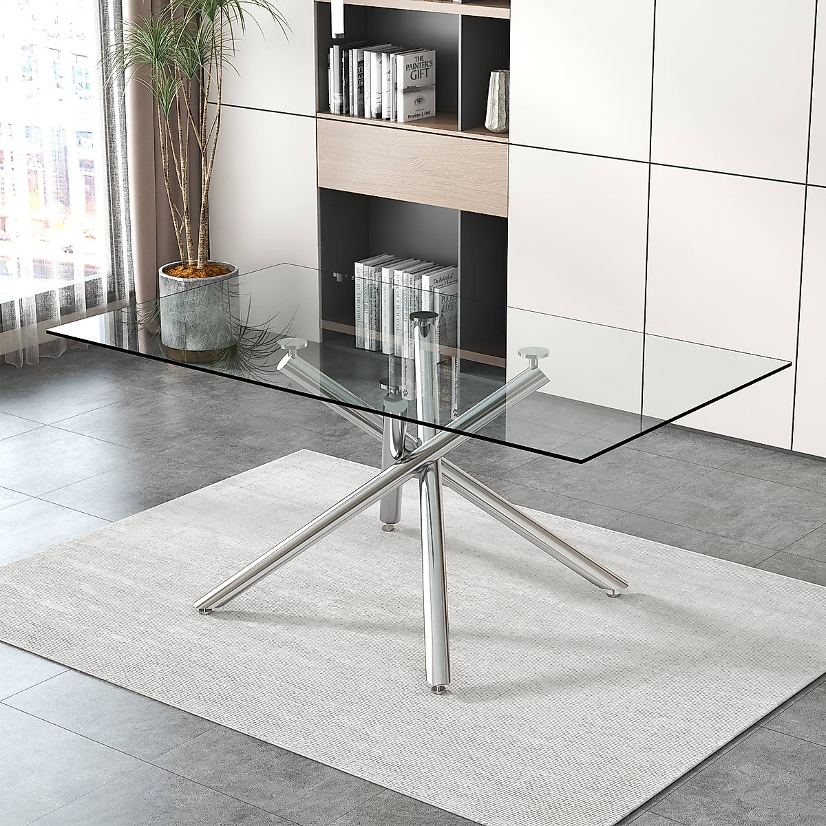 Ball & Cast 71" Modern Glass Dining Table with Rectangular Tempered Tabletop,Dinner Desk W/Silver Chrome Metal Legs,for Home,Kitchen,Dining Room,Office,Silver+Clear