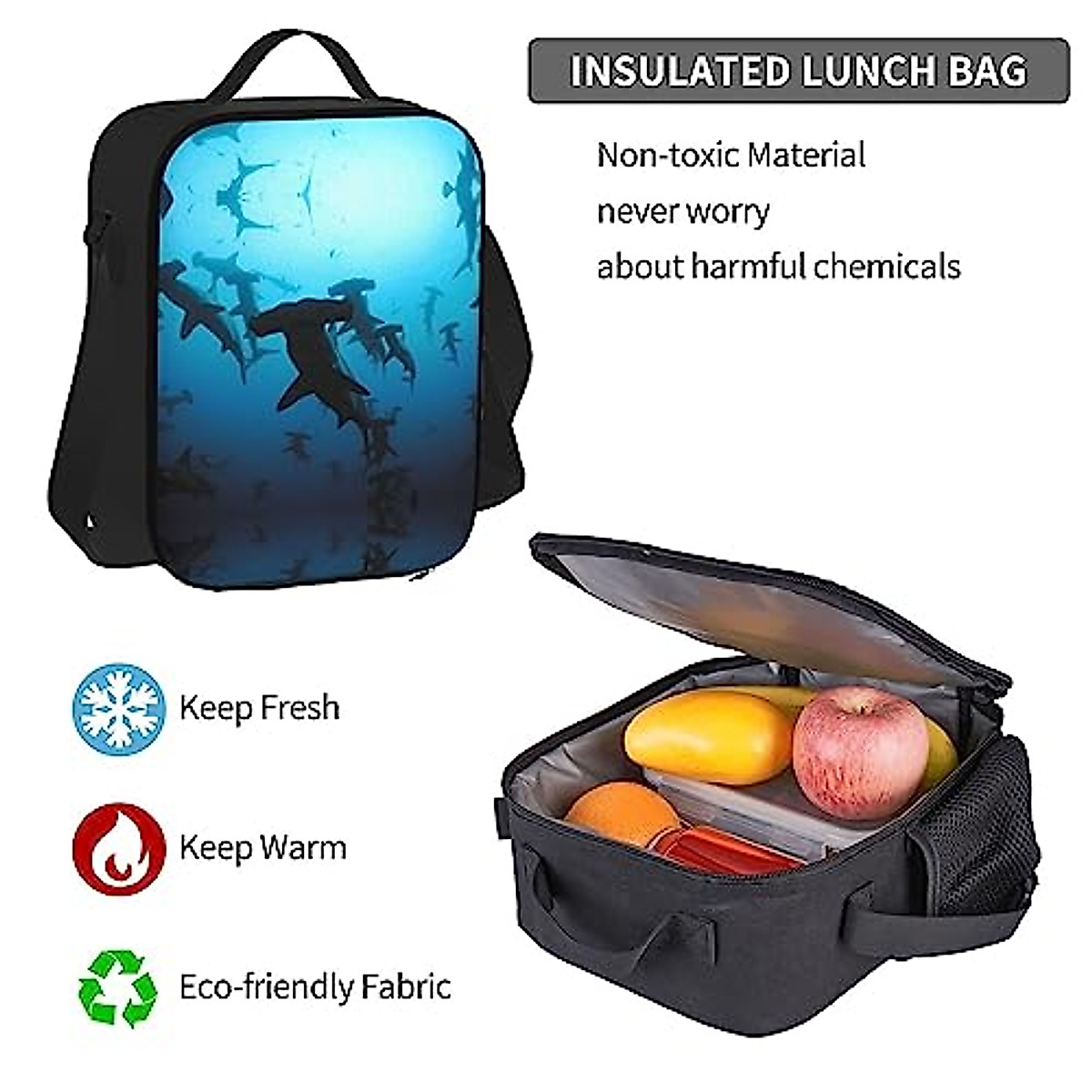 MQGMZ Hammerhead Sharks Print Backpack 3 Pcs Set Travel Hiking Lightweight Water Laptop Pencil Case Insulated Lunch Bag