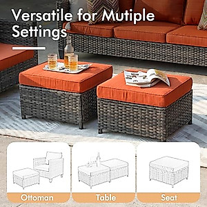XIZZI Patio Furniture Set Outdoor All Weather Wicker 7 Pieces Conversation Sofa with High Back Swivel Rocking Chairs Matching Side Table,Ottomans and Coffee Table,Brown Wicker Orange Red