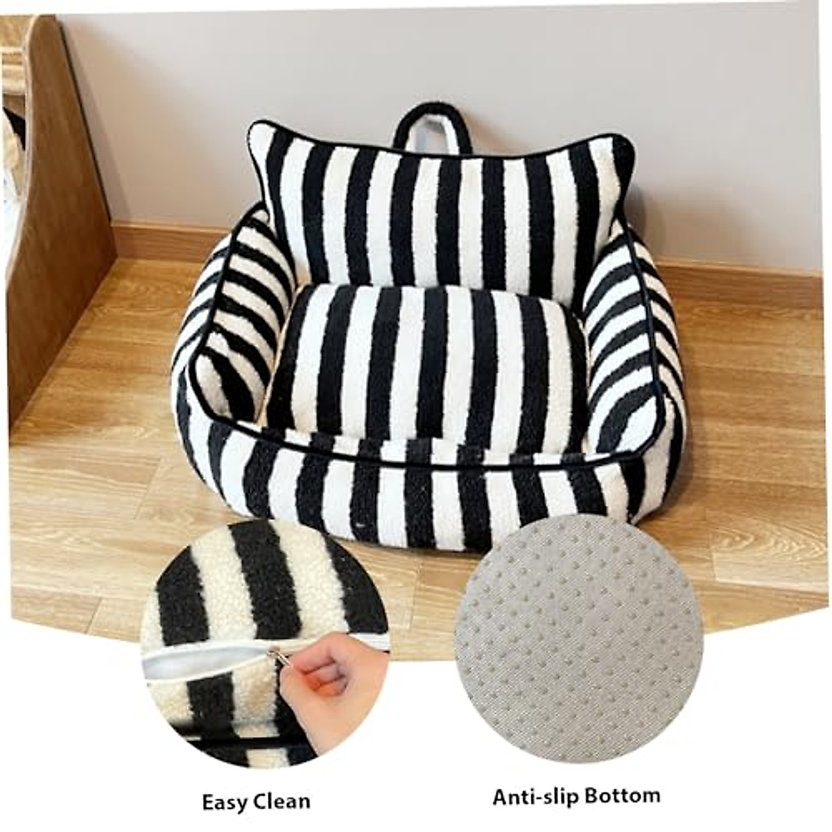 Naisicore Dog Bed, 26.8x20.5inch Plush Striped Thermal Dog Beds with Lifting Handle, Washable Cat Beds for Small Medium Dogs Cats (Black+White)