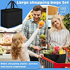 Windyun 200 Pcs Reusable Grocery Bags 12.6 x 11.8 x 6.3 Inches Large Non Woven Shopping Bags Foldable Portable Tote Bags Bulk (Black)