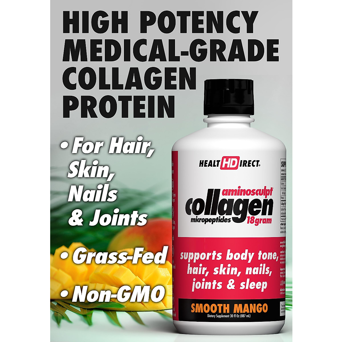 HEALTH DIRECT AminoSculpt Sugar-Free Collagen Supplement - High Potency Medical-Grade Protein for Hair, Skin, Nails & Joints, Grass-Fed, Non-GMO, Liquid Collagen - Smooth Mango - 30 Fl Oz