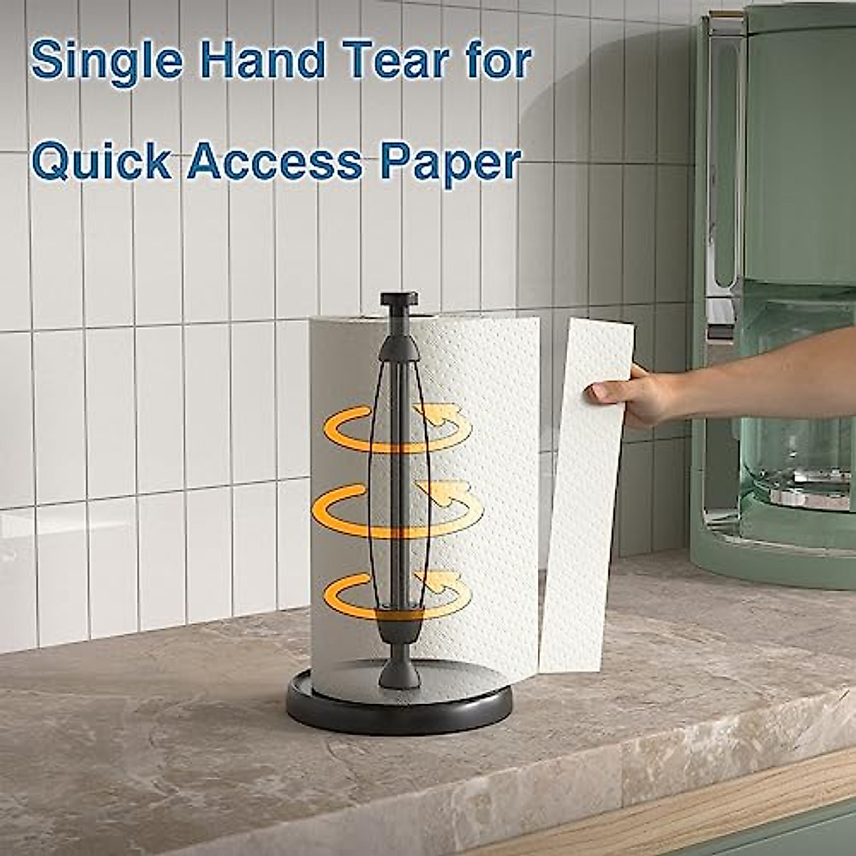 Swaitee Paper Towel Holder Countertop, Black Paper Towel Holder Stand with Ratchet Mechanism for Kitchen Bathroom, One-Handed Tear Paper Stainless Steel Paper Towel Holder with Weighted Base(Black)
