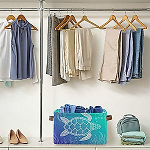 Storage Basket Ocean Animal Sea Turtle Storage Bin with Handle Foldable Rectangle Fabric Organizer Basket for Home Bedroom Nursery Closet, 1 Pack