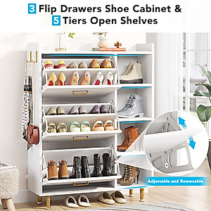 Tribesigns Shoe Cabinet, Flip Drawers Shoe Storage Cabinet for Entryway with 3 Flip Drawers and 5 Shelves, White Golden Freestanding Shoes Cabinet for Closet, Living Room, Bedroom (White/Golden)