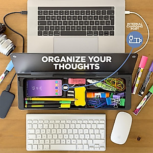 Desktop Whiteboard - Glass Dry Erase White Board- Desk Computer Buddy – Home Office & Studying Essentials - Desktop Pad with Phone & Tablet Slot, Storage Compartment - Includes 4 Markers, 1 Eraser.