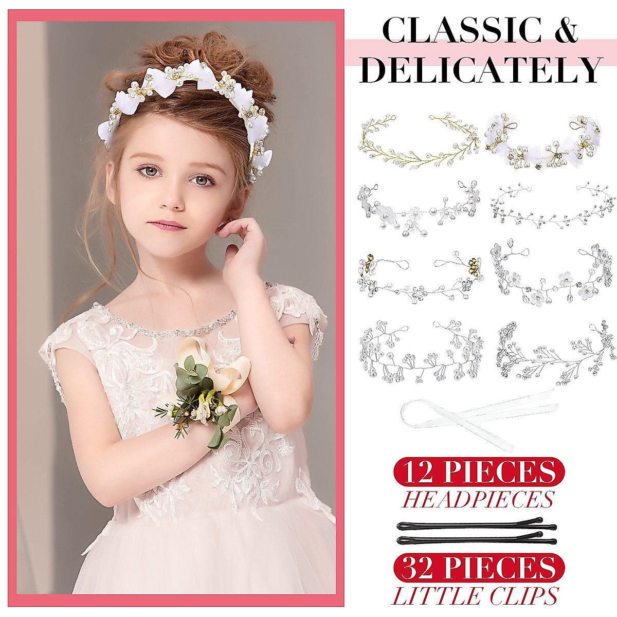 Geosar 8 Pcs Flower Girl Hair Accessory Flower Girl Headpiece Princess Wedding Headband Hair Band
