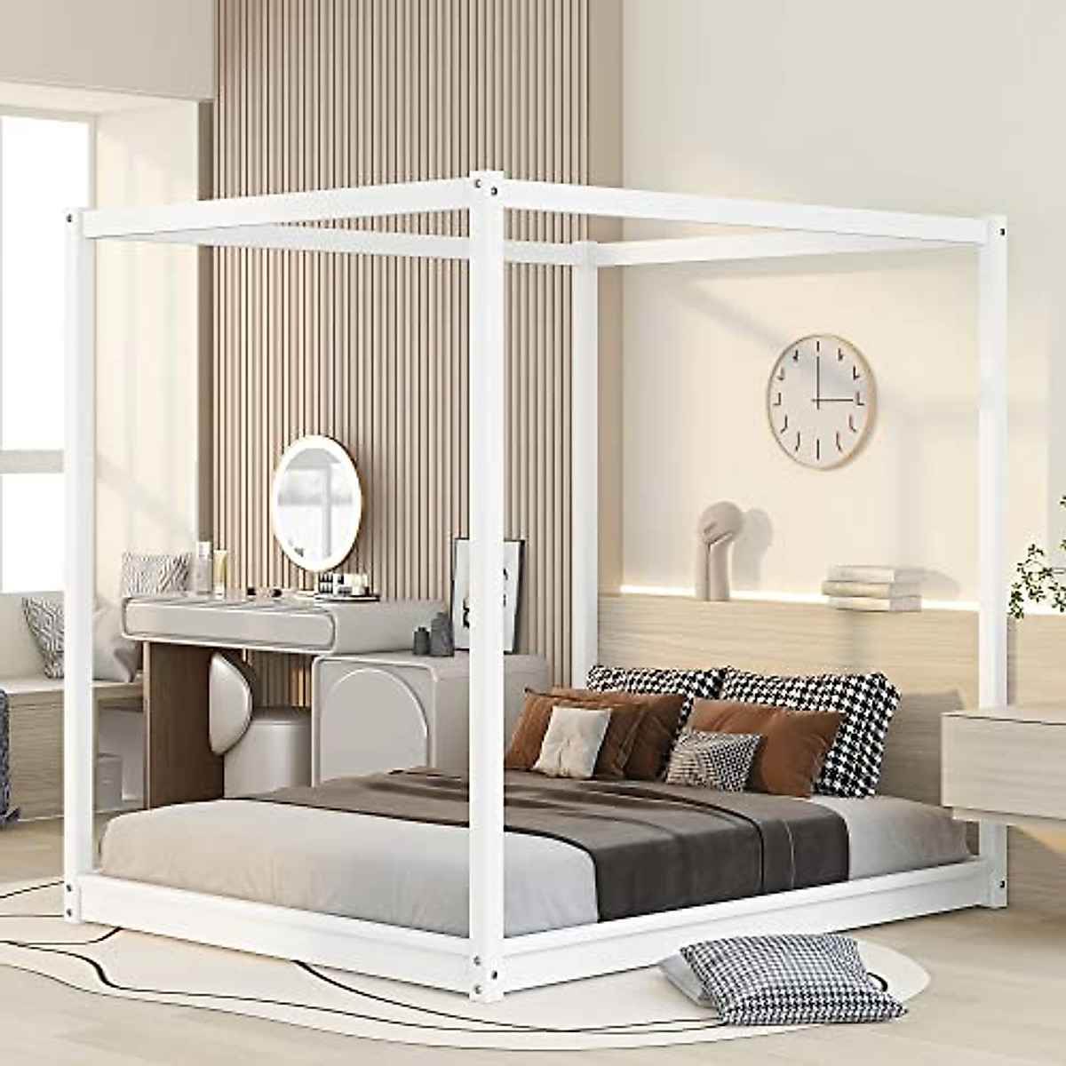 FIQHOME Queen Size Canopy Platform Bed with Support Legs,Four-Poster Canopy Platform Bed Frame with Headboard, Wooden Queen Bed with Support Legs,for Kids Teens Adults, No Box Spring Needed,White