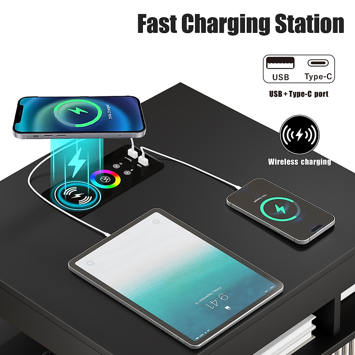 Nightstand with Charging Station and LED Lights, Night Stand with 2 Drawers, Wood Smart Bedside Table, Modern Bed Side Table for Bedroom, Black