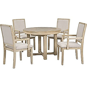 WOZNLA Room 5-Piece Set-Round to Oval Extendable Butterfly Leaf Table with 4 Upholstered Dining Chairs with Armrests for Kitchen and Family, Natural Wood Wash