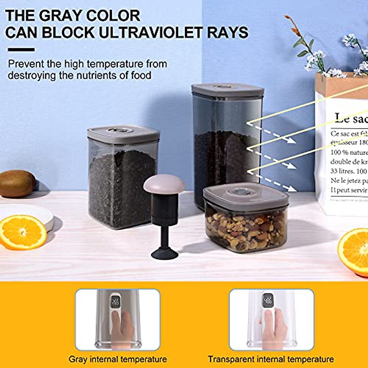 KALAR Vacuum Sealer Airtight Food Storage Containers with lids,Vacuum Sealed Containers for Food,Reusable&Stackable Airtight Containers Set, Great for Marinating Meat & Food-3pc（Grey）