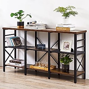 HOMISSUE 3-Tier Console Sofa Table, Industrial Vintage 60-Inch Long Entryway Table with Open Storage Shelf for Living Room, Hallway, Brown