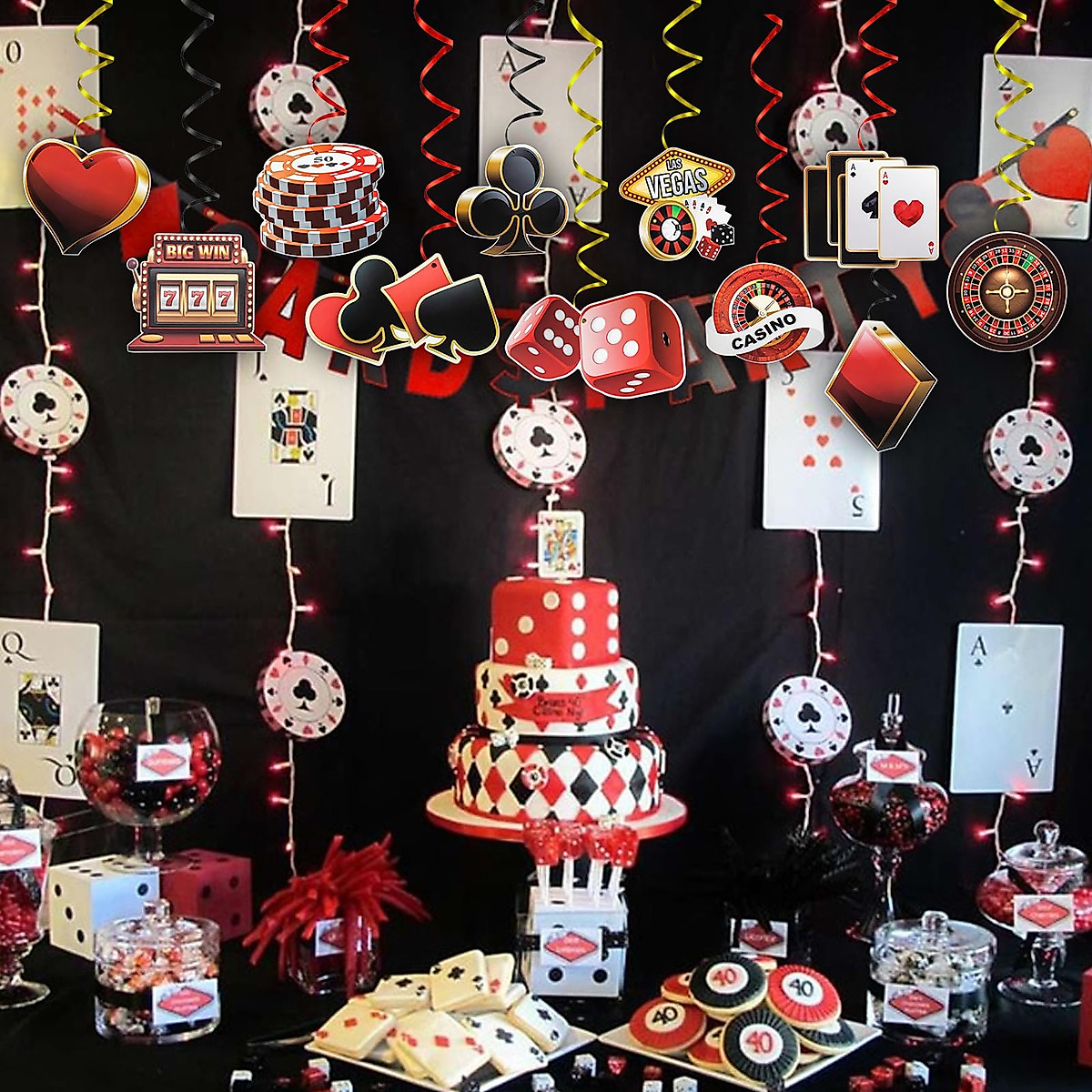 24PCS Casino Theme Hanging Swirls Decorations, Las Vegas Poker Party Supplies Ceiling Hanging Swirls for Casino Poker Games Night Birthday Party Decorations