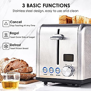 Toaster 2 Slice, REDMOND Stainless Steel Toaster with LED Countdown Timer Display, 1.5" Wide Slot Compact Toaster with Bagel/Defrost/Cancel Function, 6 Shade Control, Removable Crumb Tray, Silver