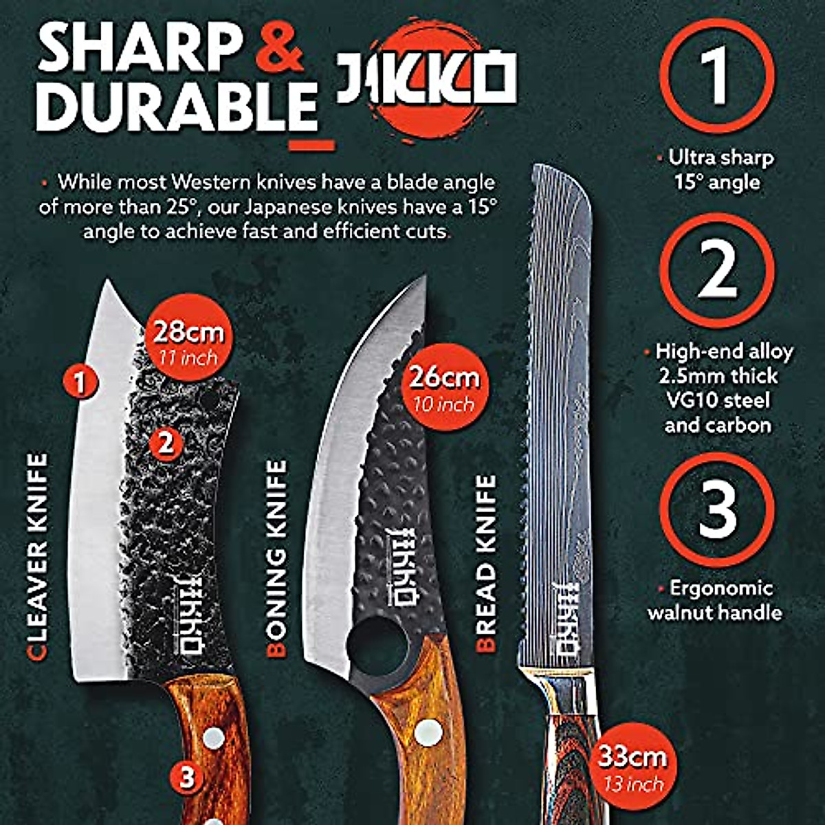 Jikko New Reinforced Carbon Steel Japanese Kitchen Knife Set – Original Series – Ultra Sharp Japanese Knife Set & Chef Knife with Mahogany & Walnut Wood Handles – Professional Chef's Knives