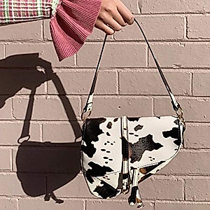 Women Cow Print Saddle Shoulder Bag Clutch Purse Underarm Handbag Satchel Zipper Crossbody Bag