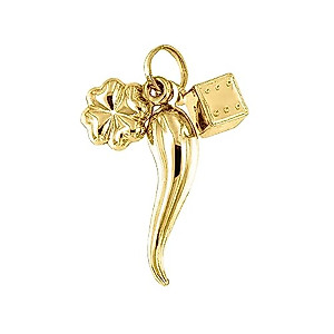 Lucchetta - Italian Horn Pendant with Dice and Clover - Lucky Charm Jewelry 14 kt Yellow Gold, Womens 14k Charms for Necklaces up to 4mm, Authentic Fine Jewelry from Italy