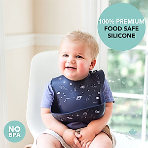 Loulou Lollipop Soft, Waterproof Silicone Feeding Bib for Babies and Toddlers 3 to 36 Months, Easy to Clean, Adjustable Fit and Catch-All Pouch - Space