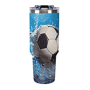 LLUTSNTH 40 Oz Vacuum Tumbler with Light Rose Red Handle Leakproof Insulated Tumbler Soccer Ball Water Stainless Steel Travel Mug with Lid And Straw Coffee Cup Cute Water Bottles Cup Holder Friendly