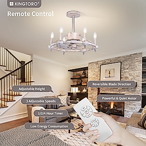 KINGTORO Rustic White Chandelier Ceiling Fans with Lights, 20.5" Wagon Wheel Chandelier,Adjustable Height,3 speeds,Fandelier with Lights and Remote for Kitchen Dining Room Living Room