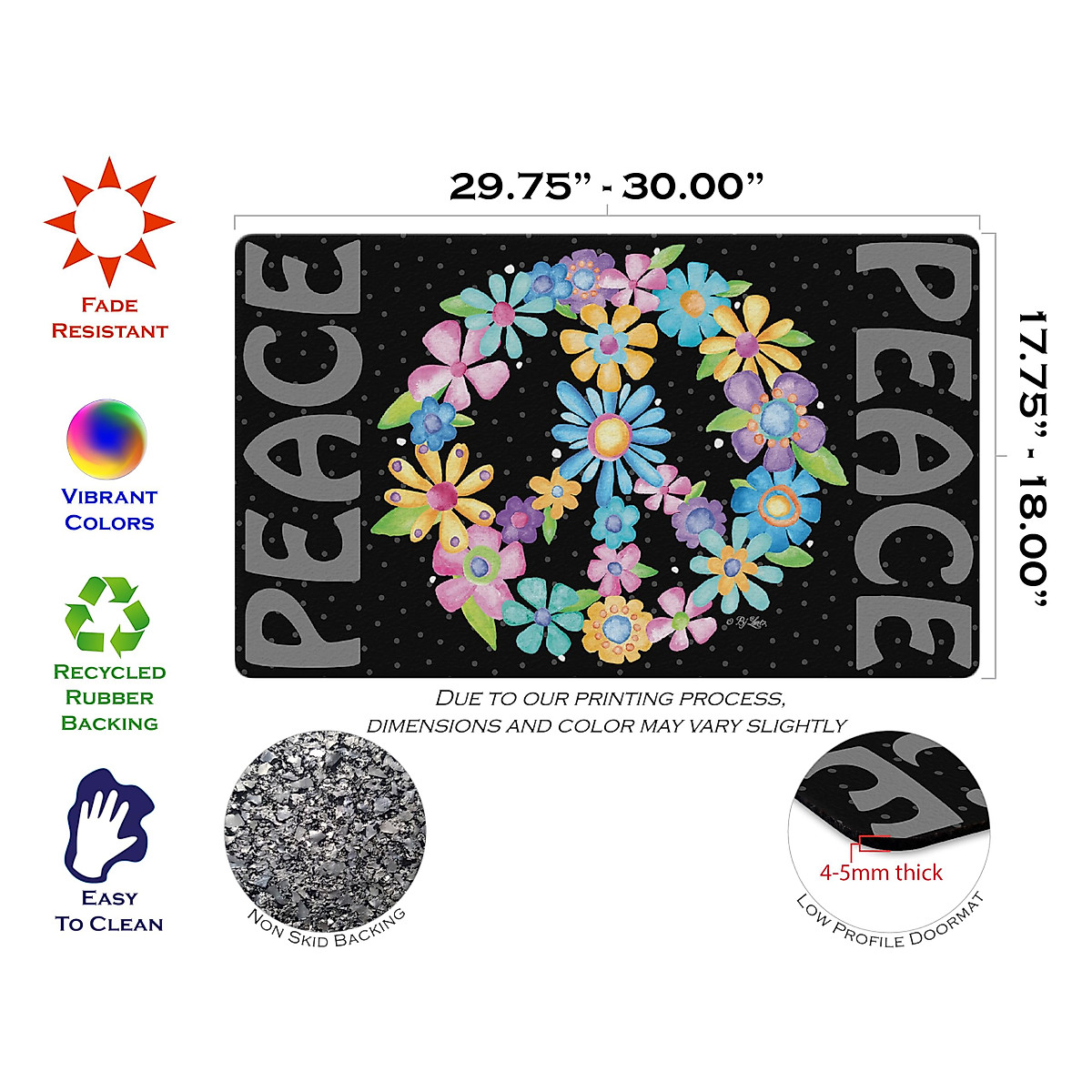 Toland Home Garden 800451 Peace Sign Flowers Flower Door Mat 18x30 Inch Hippie Outdoor Doormat for Entryway Indoor Entrance