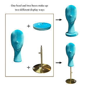 Female Display Velvet Head Dress Form with Adjustable Golden Round Base,Fully Pinnable Head Can Wear Earring! Head for Hat Wig Jewelry Display,Clothing Fabric Head Model, Sky Blue 33cm