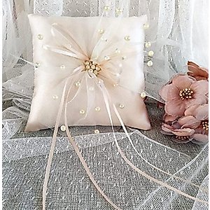 LABJULY Ring Pillow Pearl Ring Bearer Pillows 5.9x5.9 Inch Champagne Stain Ribbons Bow Fall Wedding Ring Pillows for Bridal Wedding