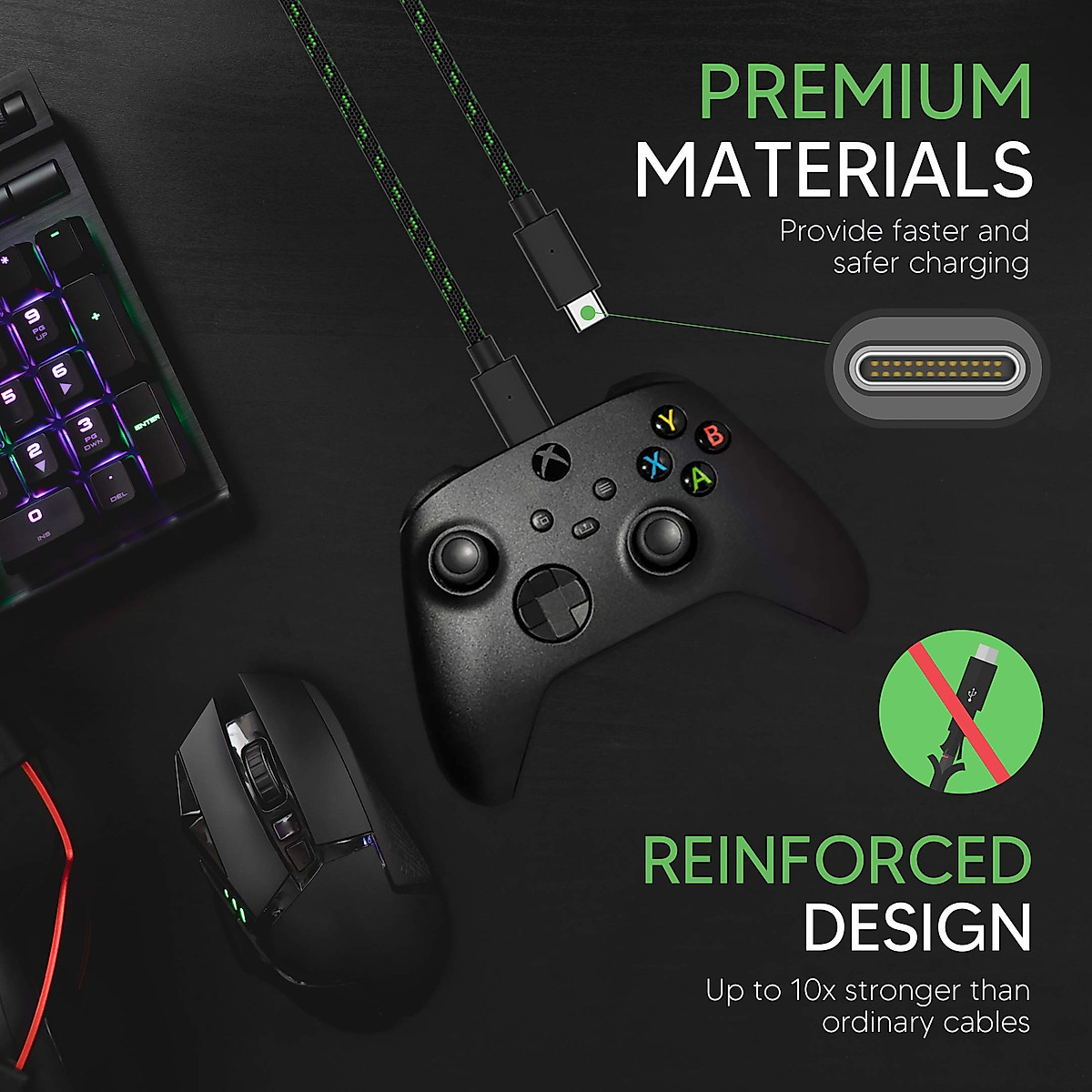 TALK WORKS Xbox Controller Charger Cord for Series X - 10' Nylon Braided USB C Charging Cable, Compatible w/Android Samsung Galaxy, PS5 (Pack of 2)