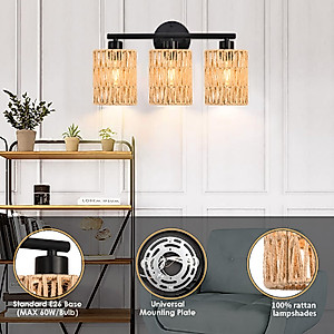 3-Light Black Bathroom Light Fixtures,Modern Rattan Bathroom Vanity Light Over Mirror,Rustic Bath Wall Mount Lights Fixtures with Boho Woven Wicker Lampshade,Farmhouse Wall Sconces Lamp for Bedroom