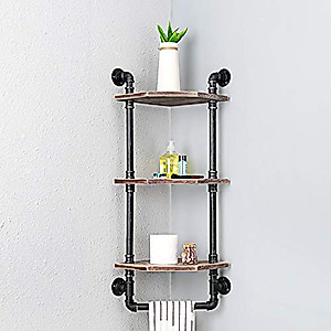 MBQQ Industrial Pipe Shelf,Rustic Corner Shelves with Towel Bar,Bathroom Shelves Wall Mounted,3 Tiered Metal&Real Wood Home Decor Floating Shelves