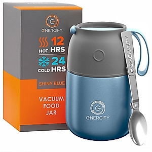 ENERGIFY Vacuum Insulated Food Jar Wide Mouth 17 Oz Soup Thermo with Folding Spoon - Thermal Lunch Containers for Kids & Adults - Leak Proof Stainless Steel Thermos for Hot Food Keep 12H and Cold 24H