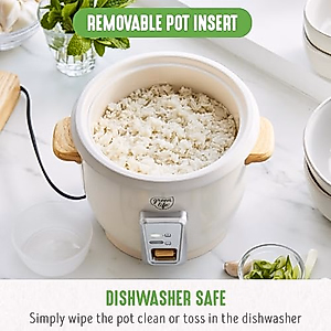 GreenLife 6-Cup Rice Cooker Steamer, PFAS Free Removable Ceramic Nonstick Pot, Auto Presets, Wood Print Handle, Keep Warm Function, One Touch Design, Dishwasher Safe, Measuring Cup, Rice Paddle, Cream