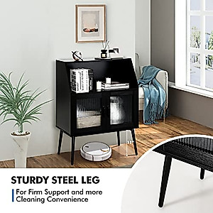 PETSITE Sideboard Buffet Storage Cabinet, Kitchen Accent Console Table with Open Shelf & Tempered Glass Door for Dining Room Hallway, Black