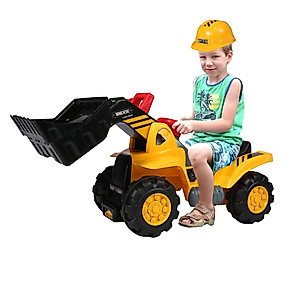 COLOR TREE Toddlers Ride-on Bulldozer Tractor Toy with Simulated Sounds - Kids Boys Construction Truck Vehicle with Bucket, Steering Wheel, Helmet, Rocks