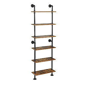 Industrial Pipe Shelving, 6-Tier Pipe Shelves Ladder Shelf, Modern Bookcase Wall Mount Bookshelf with Metal Frame, Book Shelves Wall Decor Wood Shelves for Home, Living Room, Office(23.6x9.8x78.8)