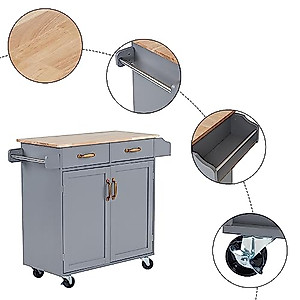 APDYNE Two Door Two Roll Out Kitchen Cart and Storage Cabinet, Rubber Wood Gray Paint Dining Car 99.5 * 40 * 85.5cm, Towel Rack, Adjustable Rack, and Lockable Wheels