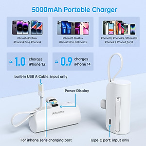 amelema Small Portable Charger for iPhone, 5000mAh Power Bank Fast Charging Portable Phone Charger Compact Battery Pack Compatible with iPhone 14/14 Pro Max/13/12/11/X/8/7/6, White