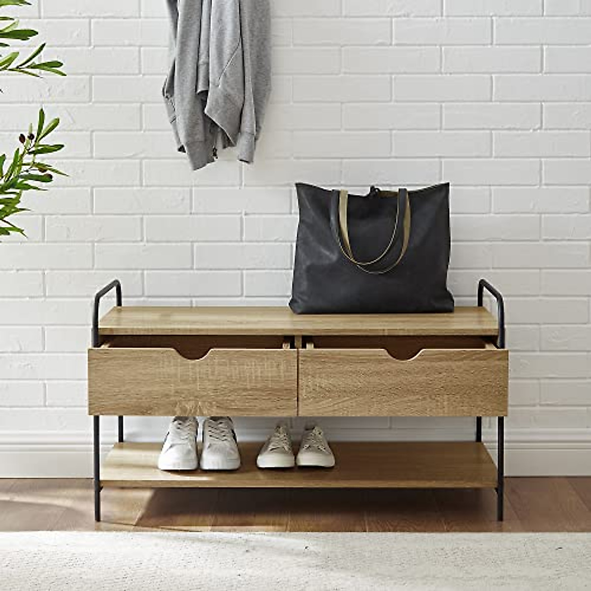 Walker Edison Brookline Urban Metal and Wood Entry Bench with Shoe Storage, 36 Inch, Driftwood