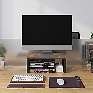 JOIN IRON Dark Brown Wood Computer Monitor Stand with Storage.Laptop Computer Shelf.Ergonomic Monitor Riser Desk Organizer.Office Supplies,Printer,iMac,Pc,Fax Machine Shelving Rack