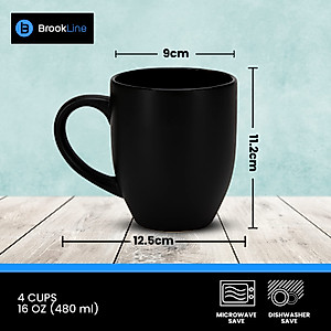 Brookline Ceramic Coffee Mug 16OZ - Tea Mug with Handle, Espresso Cups - Excellent Choice for Camping, Travel & Office - Great Gift Idea (Black, 4)