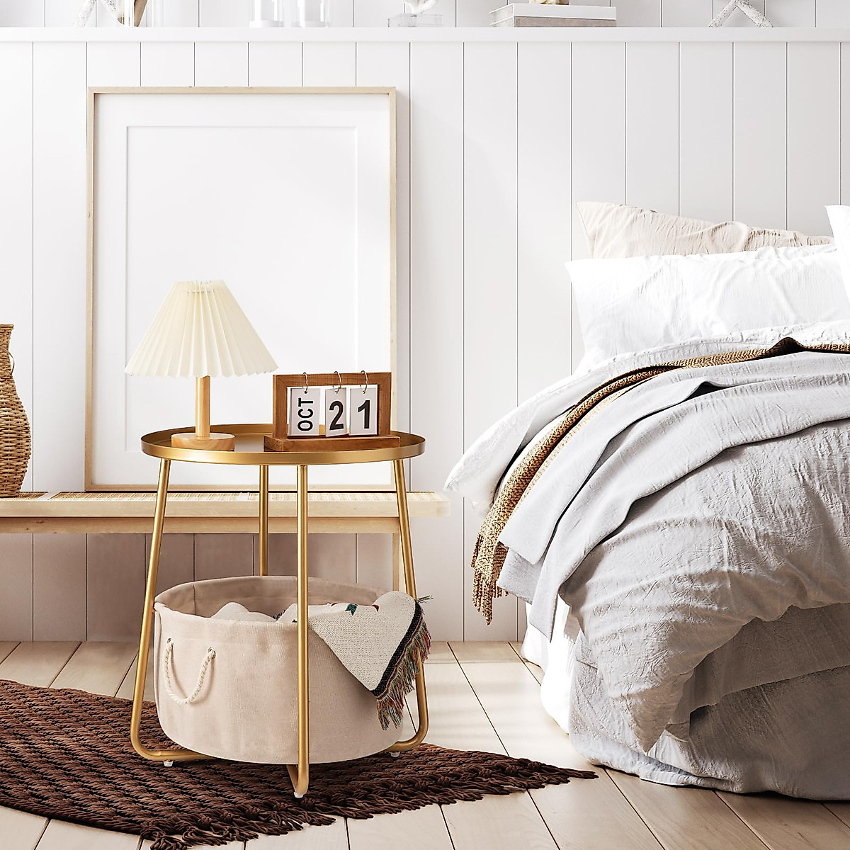 danpinera Gold Side Table, Small Round Side Table with Fabric Storage Basket, Metal Side Table for Nursery, Living Room, Bedroom, Bathroom