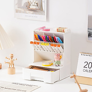 Marbrasse Desk Organizer with Drawer, Pen Organizer for Desk, Multi-Functional Pencil Holder, Desktop Stationary Organizer, Storage for School Home Office Art Supplies (White Pen Holder with Drawer)