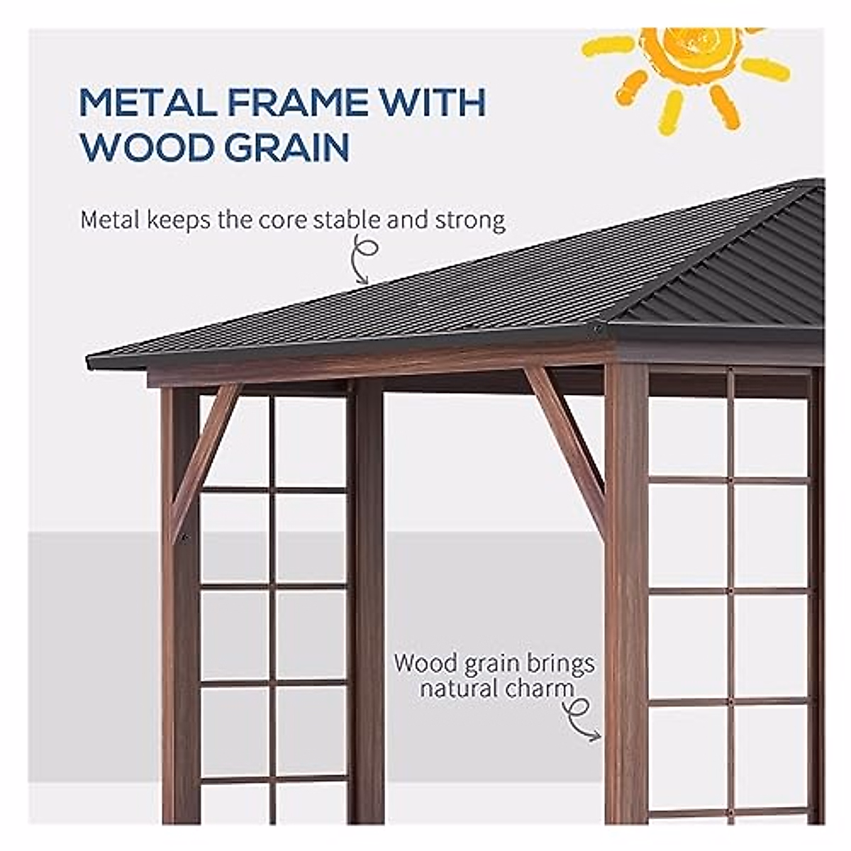 10' x 12' Permanent Gazebo Canopy, Adjustable Metal Roof Hardtop Gazebo, Hardtop Gazebo with Waterproof Metal Roof and Wood Grain Metal Frame for Porch Party, Garden, Grill Gazebo