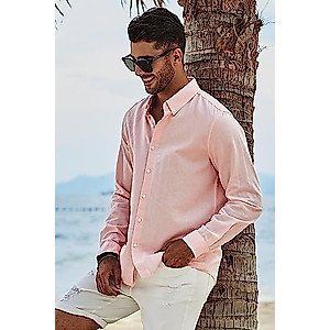 JMIERR Mens Cotton Linen Casual Stylish Button-Down Shirt Long Sleeve Business Plain Dress Shirts Old Money Aesthetic Shirts for Men,US50(2XL),B Pink