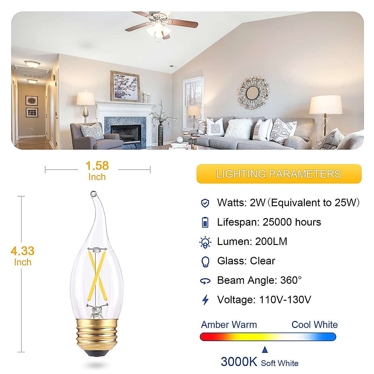 Antique Dimmable E26 LED Candelabra Bulbs 25W Equivalent, 2W CA10 Flame Tip LED Chandelier Candle Light Bulbs, Clear Glass, 3000K Soft White Pandent Lights Wall Sconces Lamp, 200LM, 6 Pack