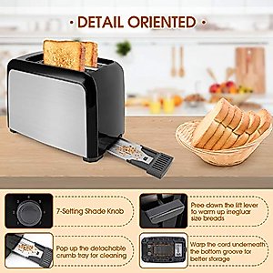 Toaster 2 Slice Stainless Steel Toaster Two Slice Toaster with Removable Crumb Tray Toaster Wide Slot Toasters 2 Slice Best Rated Prime with 7 Bread Shade Settings and Bagel, Defrost, Cancel Function for Bread (Black-2P)