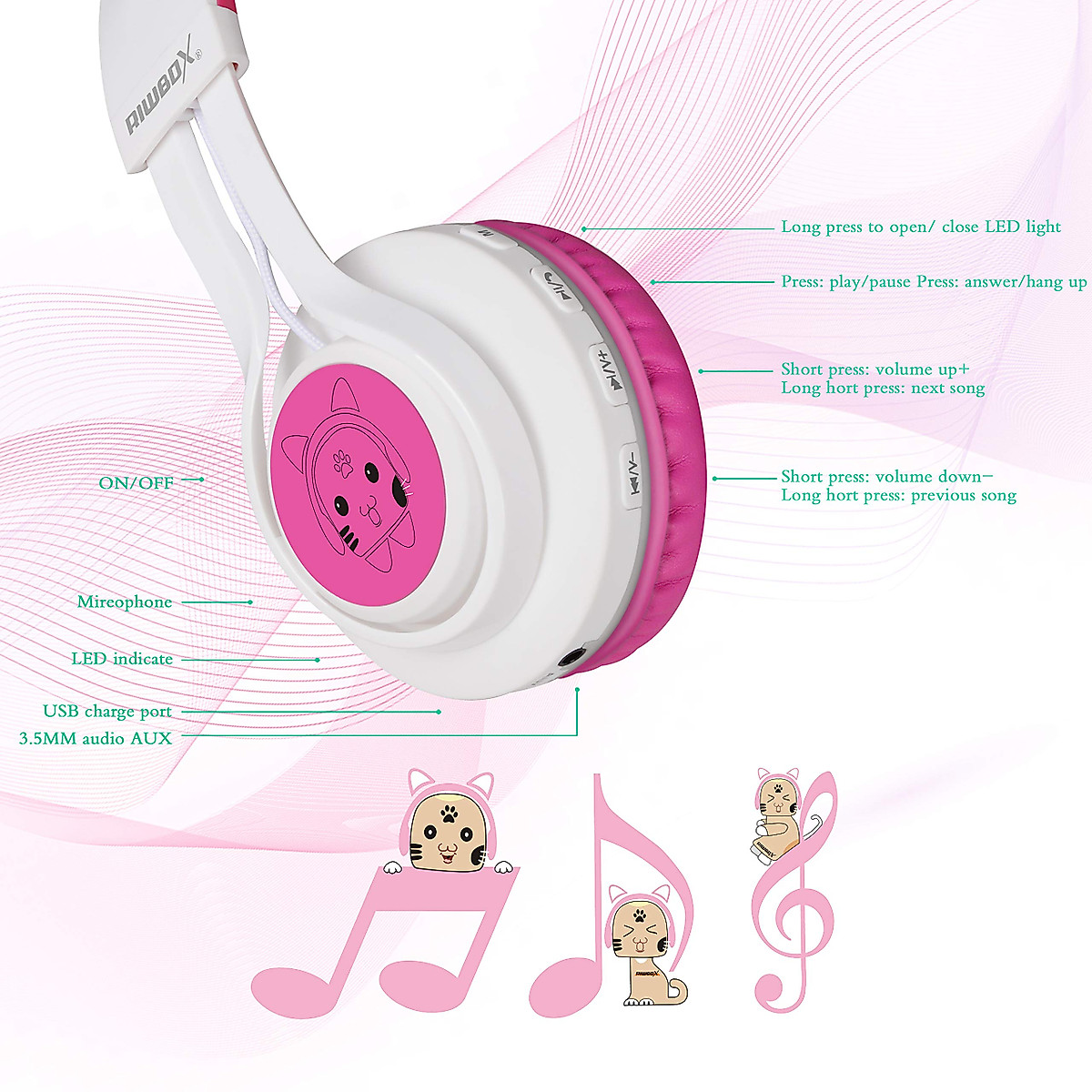 Riwbox CT-7 Cat Ear Bluetooth Headphones, LED Light Up Bluetooth Wireless Over Ear Headphones with Microphone and Volume Control for Travel/School/Smartphones/Laptop/PC/TV