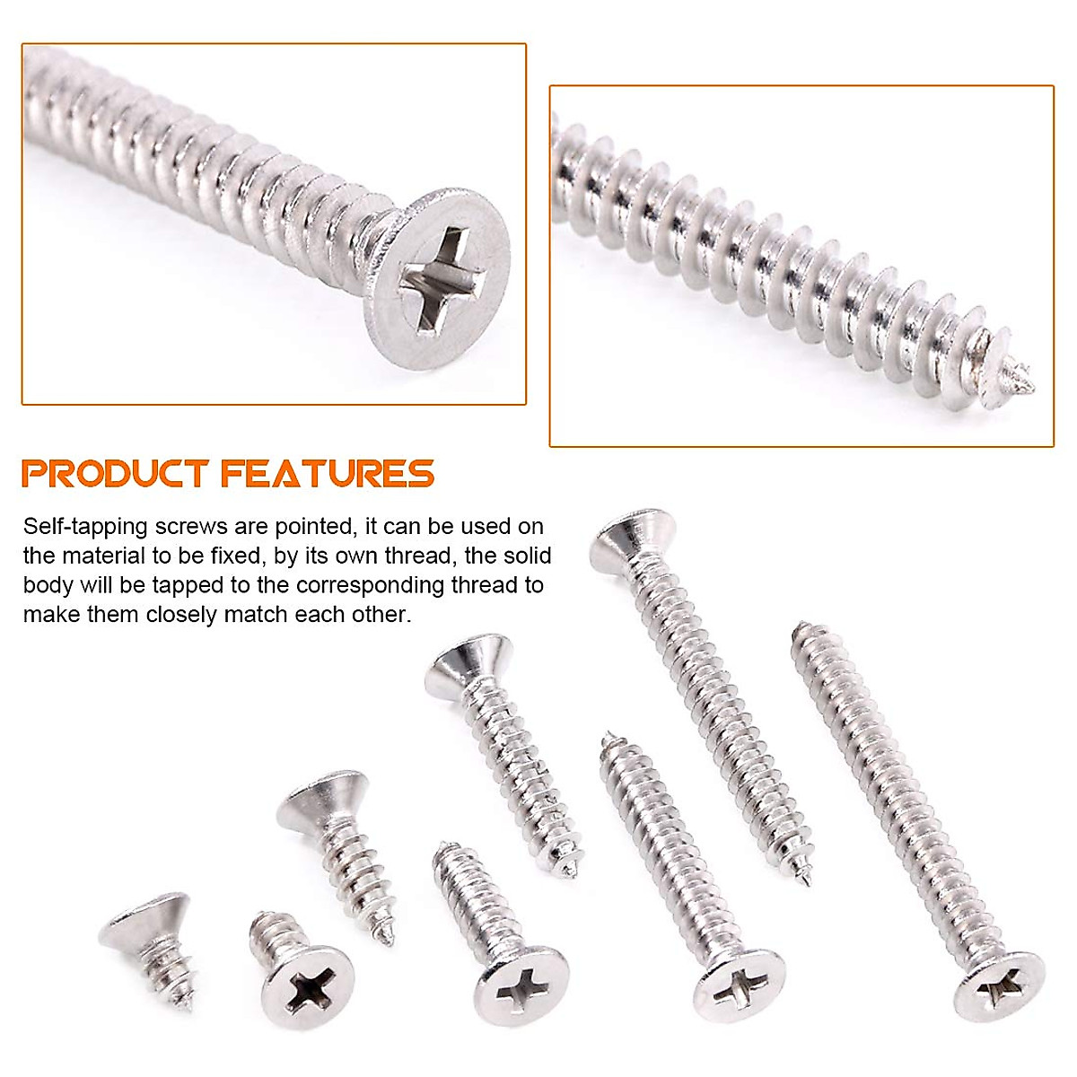 Rustark 150Pcs M5 [10-45mm] 304 Stainless Steel Flat Head Phillips Cross Wood Screw Self Tapping Drilling Screws Assortment Kit